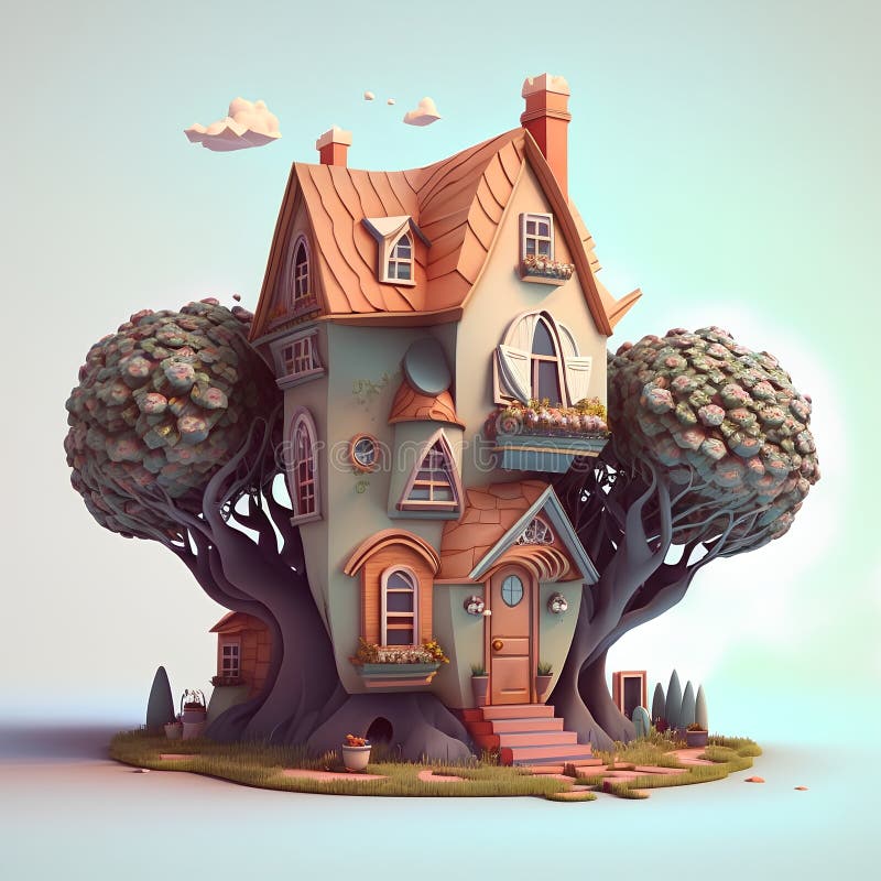 3D Render of a Fairy Tale House with a Big Tree. Stock Illustration ...
