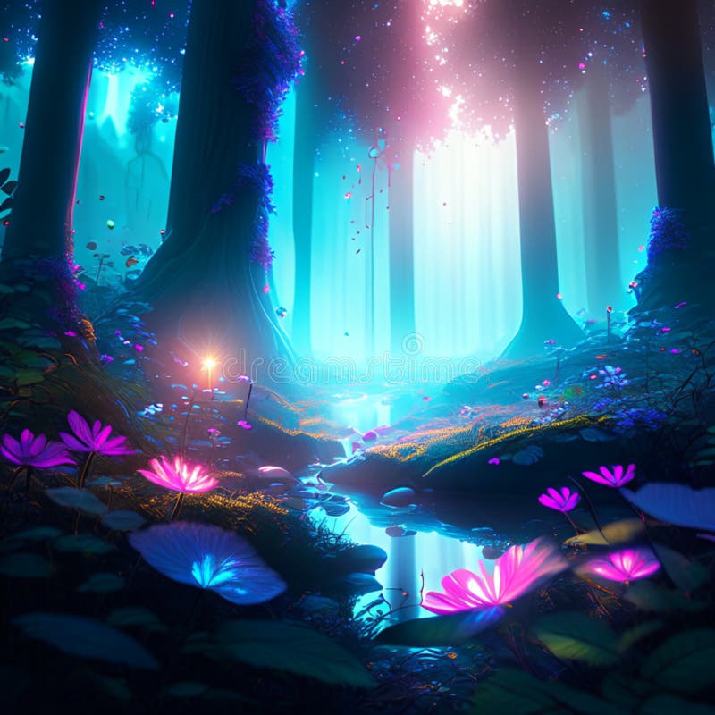3d Render of Fantasy Forest with Magic Light and Water Lilies ...