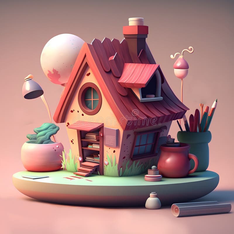 3D Render of a Fantasy House with a Lot of Objects Around Stock ...