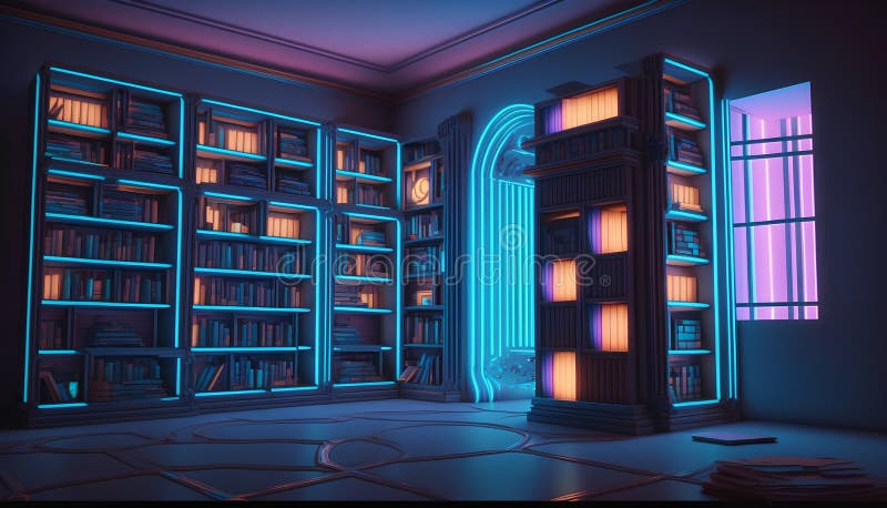Bookshelf with Neon Glowing Books: a Surreal and Magical Scene Stock ...