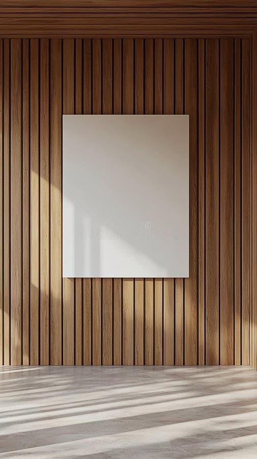 3D Render of Empty White Mockup Frame on Wood Paneled Wall with ...