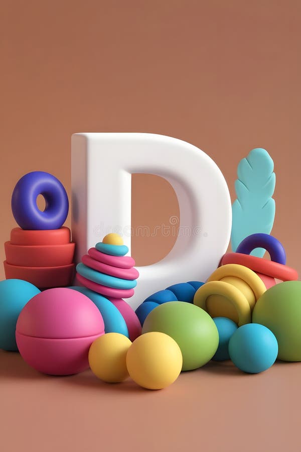 3D Render of Letter D Surrounded by Colorful Playful Objects in a Soft ...