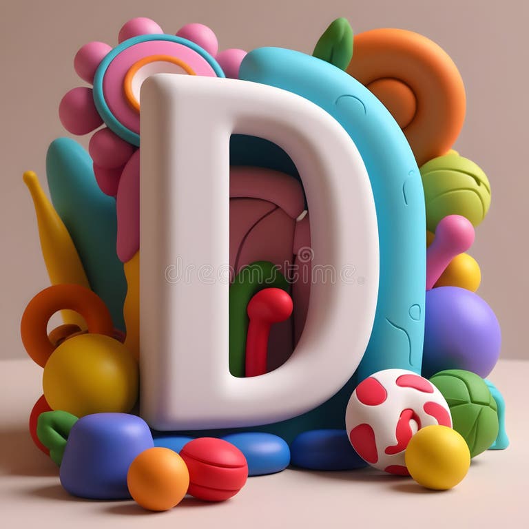 3D Render of Letter D Surrounded by Colorful Playful Objects in a Soft ...