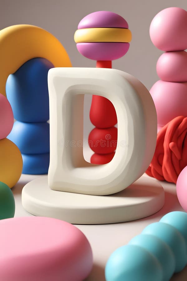 3D Render of Letter D Surrounded by Colorful Playful Objects in a Soft ...