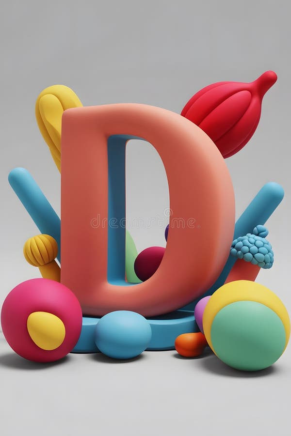 3D Render of Letter D Surrounded by Colorful Playful Objects in a Soft ...