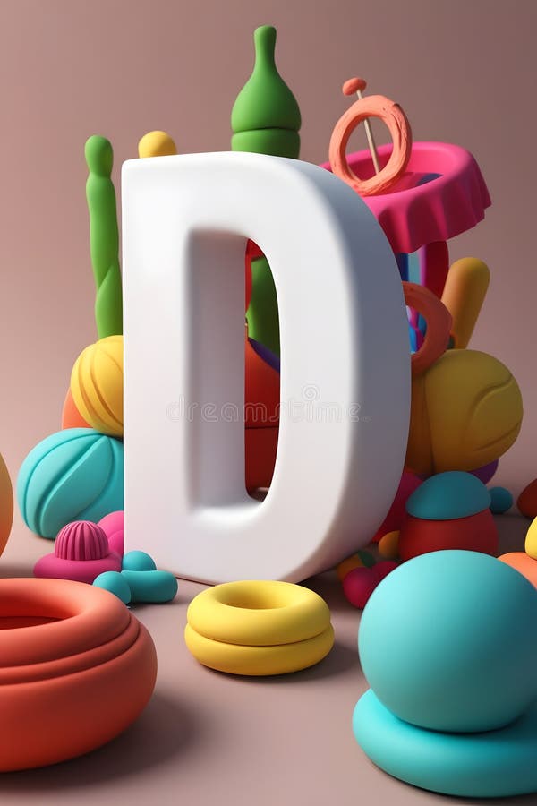 3D Render of Letter D Surrounded by Colorful Playful Objects in a Soft ...