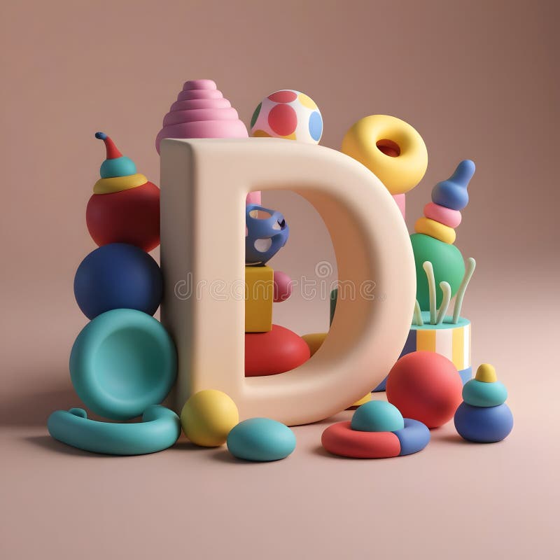3D Render of Letter D Surrounded by Colorful Playful Objects in a Soft ...