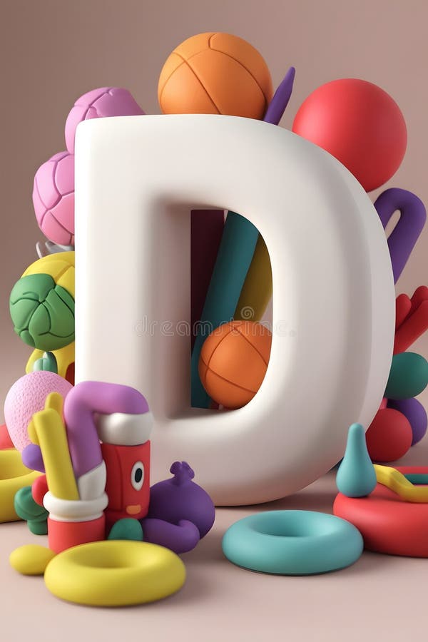 3D Render of Letter D Surrounded by Colorful Playful Objects in a Soft ...