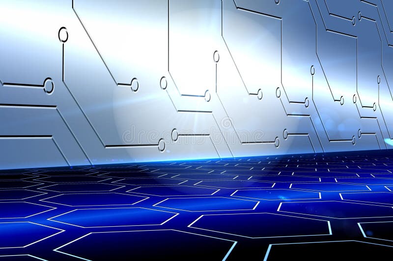 3D Render is Featuring Glowing Blue Hexagonal Grid Floor with Metallic ...