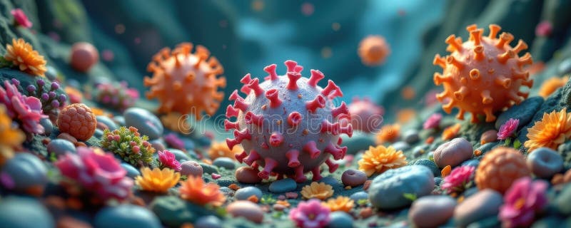3d Render of a Fictional Virus Cluster Interacting with Environmental ...