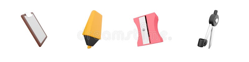 3d Render File, Marker, Sharpener, Compasses Icon Set on White ...