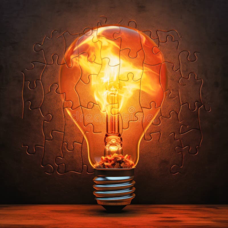 3d Render Fire Light Bulb and Jigsaw Puzzle Concept . Stock ...