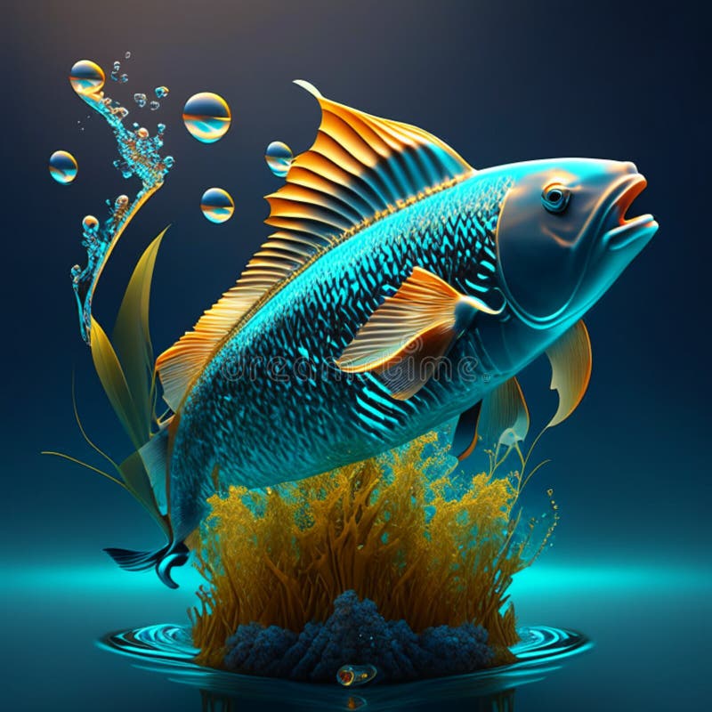 3d Render of a Fish in Water with Bubbles and Corals AI Generated Stock ...