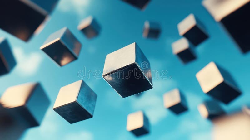 A 3D Render of Floating Metal Cubes in a Blue Space Stock Illustration ...