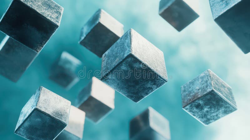 A 3D Render of Floating Metal Cubes in a Blue Space Stock Illustration ...