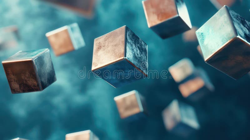 A 3D Render of Floating Metal Cubes in a Blue Space Stock Illustration ...