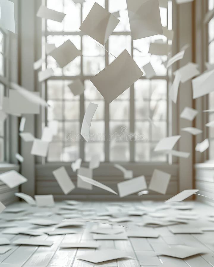 3d Render of Flying Business Cards or White Empty Sheets of Paper in a ...