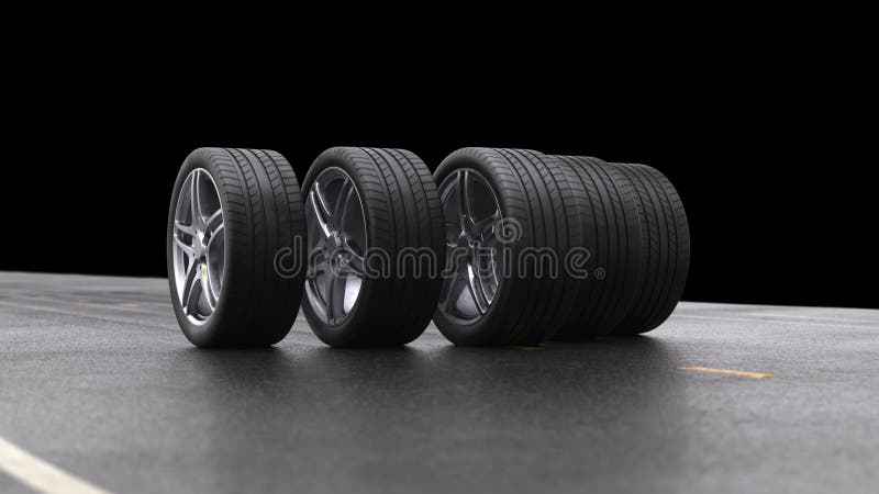 3d Render Four Car Wheels Rolling on a Black Background Stock ...