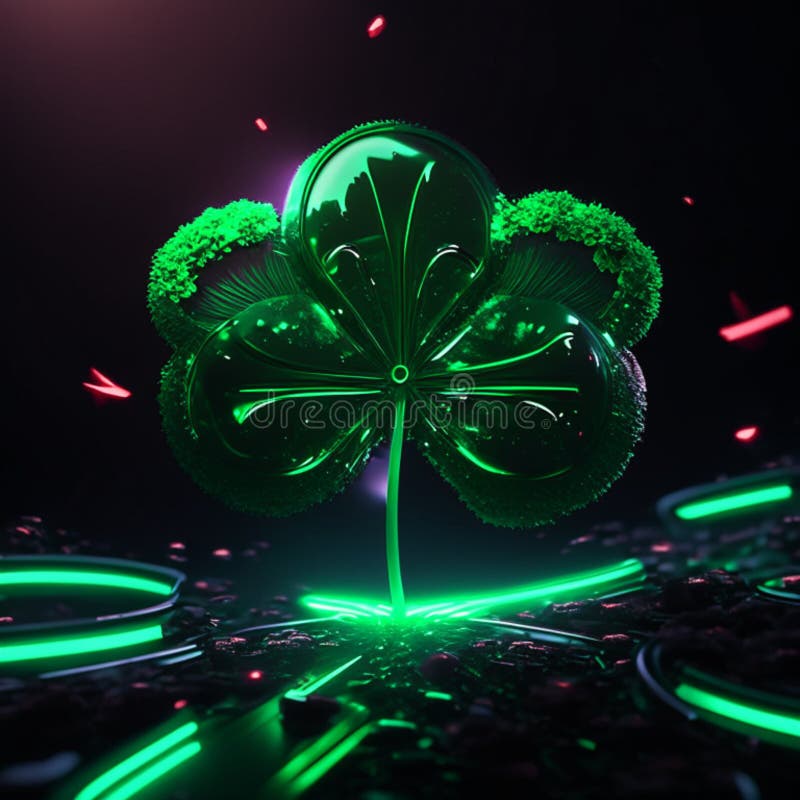 3d Render of a Four-leaf Clover with Green Neon Lights Generative AI ...