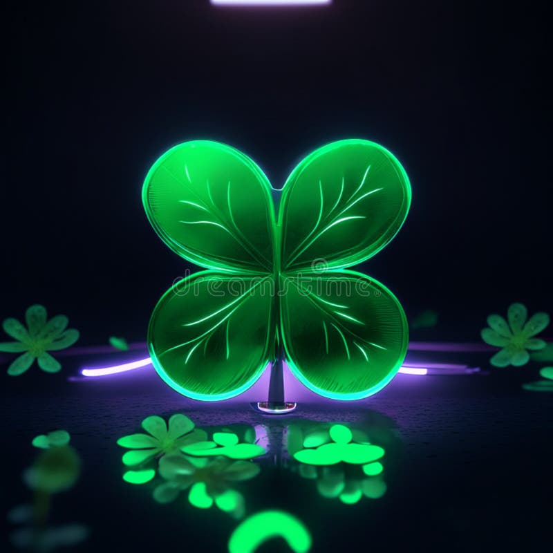3d Render of Four Leaf Clover and Neon Lights on Black Background ...