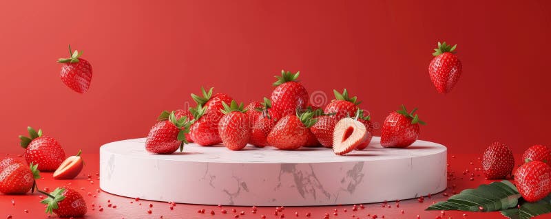 3d Render of Fresh Strawberries on White Round Podium Against a Vibrant ...