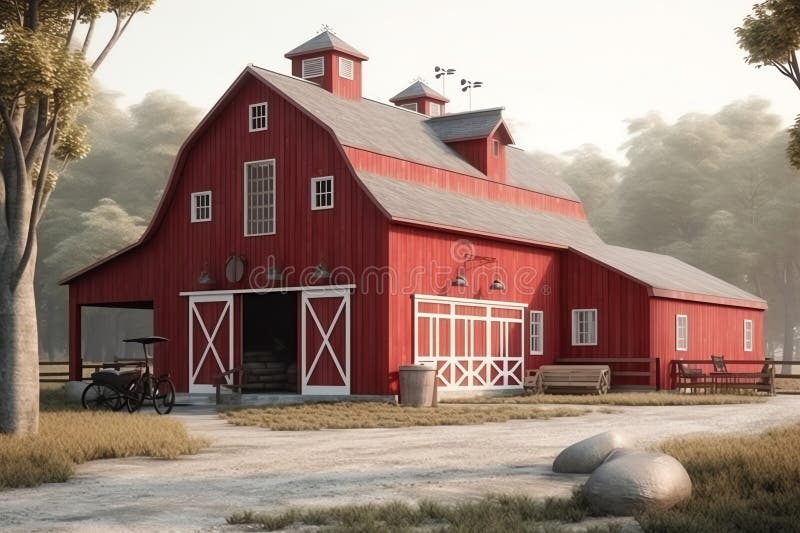 3D Render Front View of a Red Barn. Generative AI Stock Image - Image ...