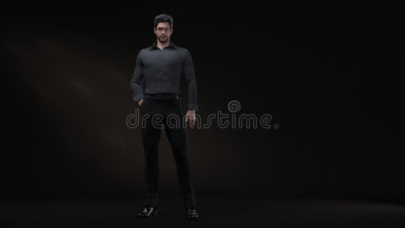 3D Render : Full Front View of a Standing Man Pose in Black Shirt ...