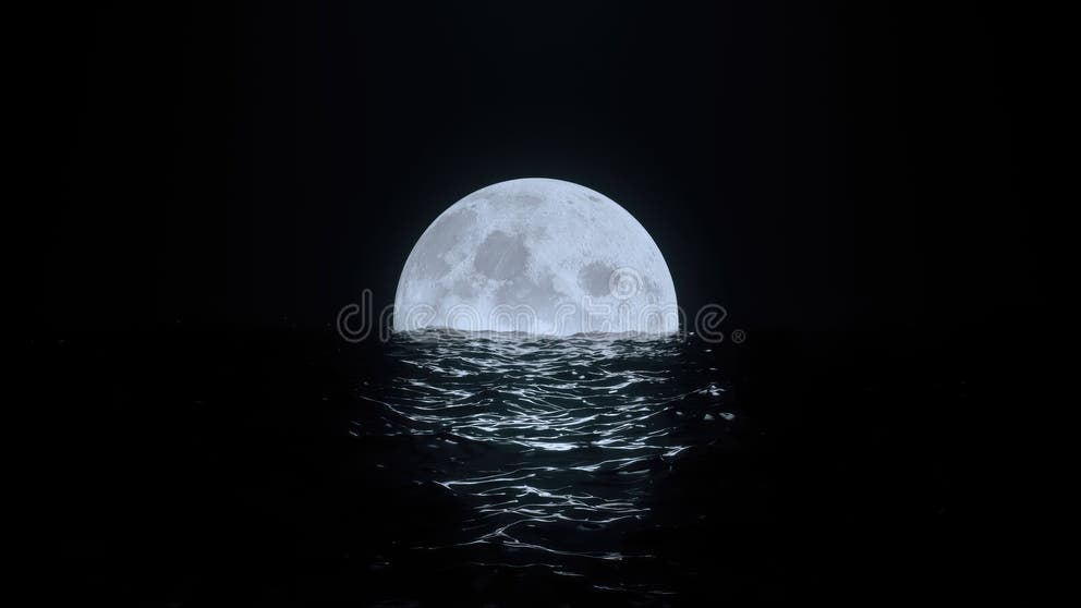 3d Render Full Moon at Night on Floats in Black Water Stock ...