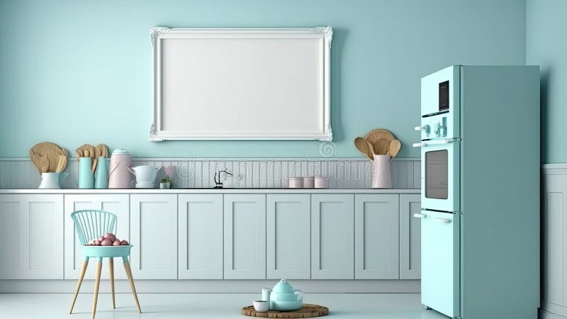 3D Render, Functional Kitchen Interior and Blank Frame or Board Stock ...