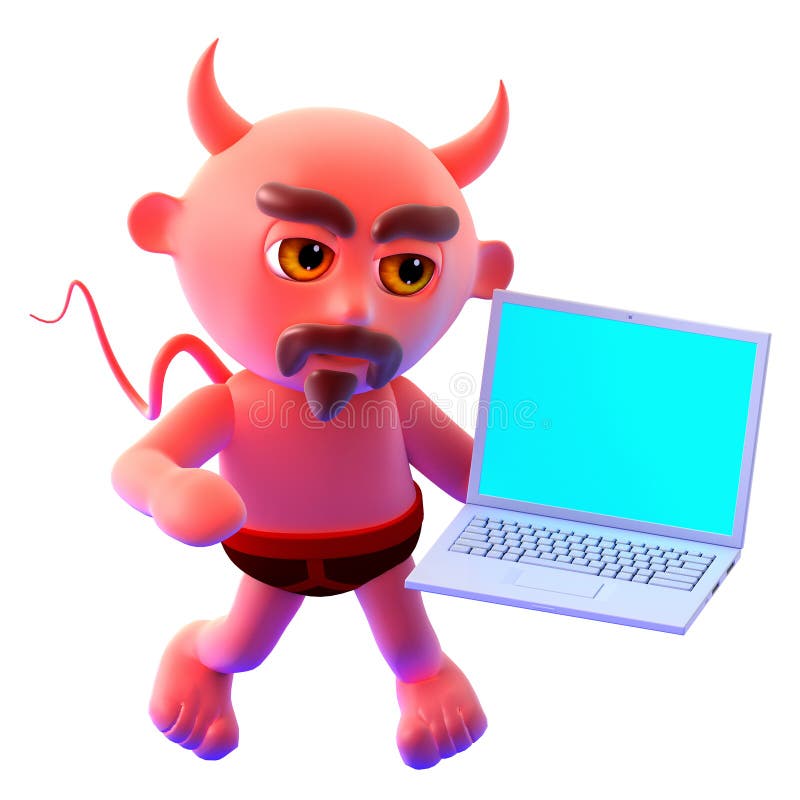 3d Funny Cartoon Devil Holding a Laptop Computer Stock Vector ...