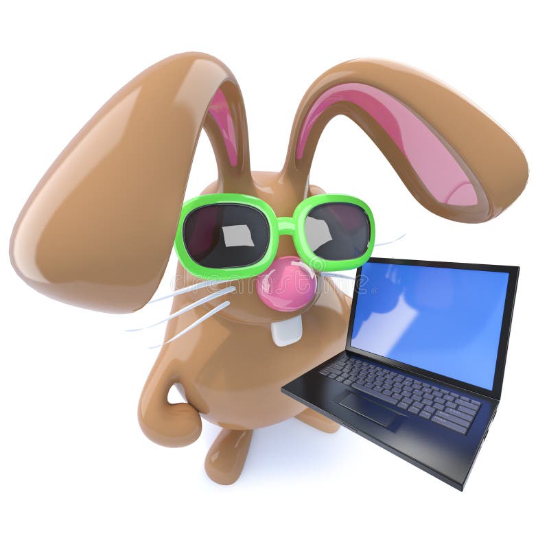 3d Funny Chocolate Easter Bunny Rabbit Holding a Laptop Computer Stock ...