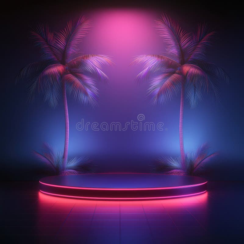 Neon Tropical Stage with Palm Trees. Stock Illustration - Illustration ...