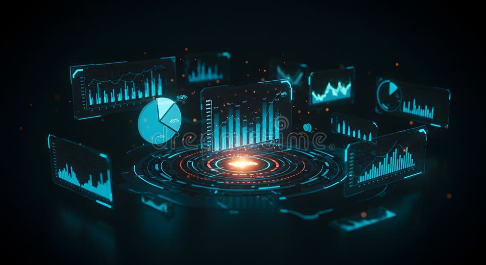 Futuristic Data Visualization Holographic Interface Showing Charts and ... Futuristic Data Visualization Holographic Interface Showing Charts and ...