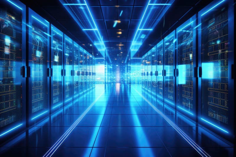 3D Render of a Futuristic Server Room with Blue Glowing Lights, Big ...