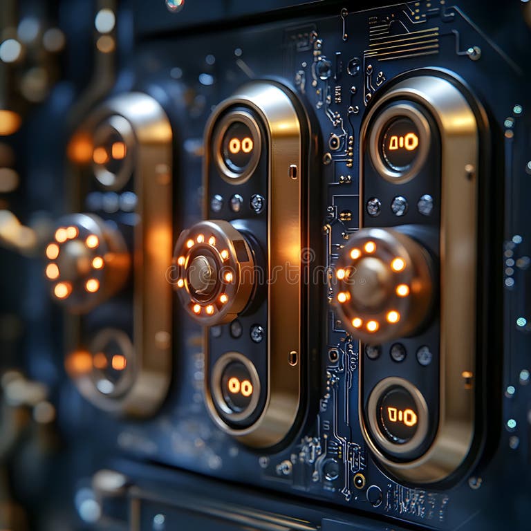 3D Render of Futuristic Tech Panel with Illuminated Knobs Stock ...