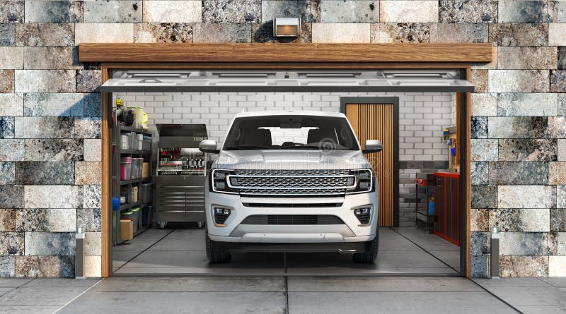 3d Render of Garage Interior with Open Door and Car in Front. Stock ...