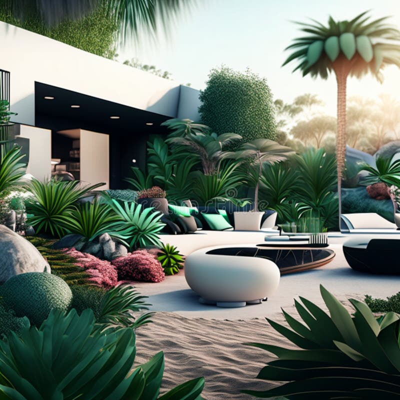 3d Render of a Garden with a Sofa and Palm Trees. AI Generated Stock ...