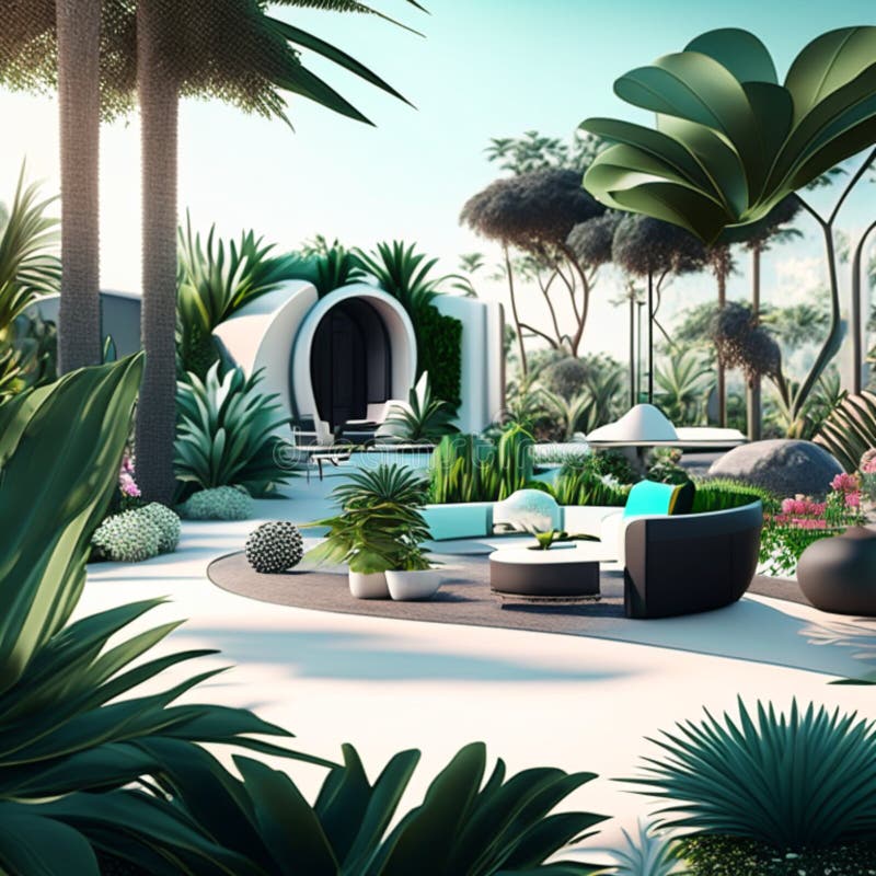 3d Render of a Garden with a Sofa and Palm Trees. Generative AI Stock ...