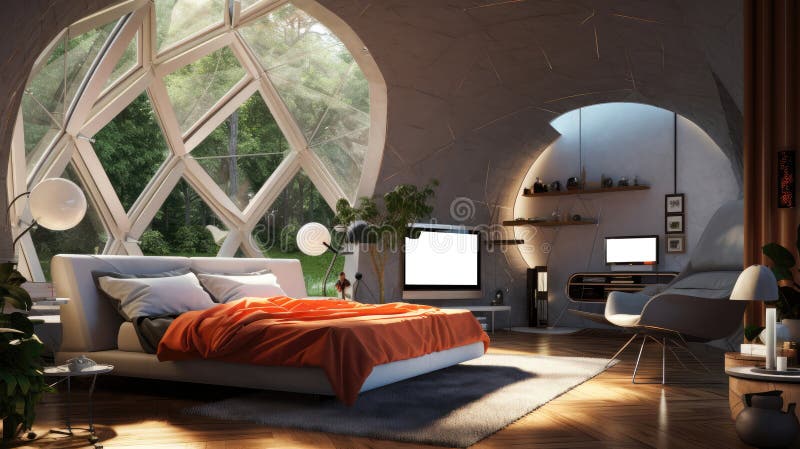 3D Render Geodesic Sphere Home with Futuristic Interior Design ...