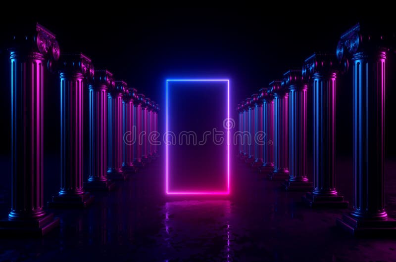 3d Render of Geometric Background with Columns and Glowing Neon Lights ...