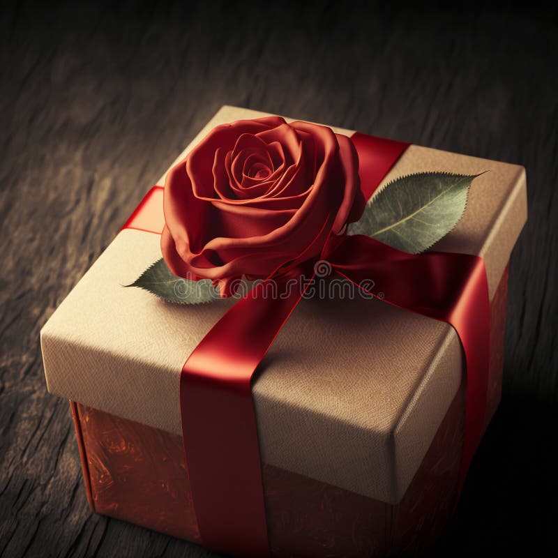 3D Render of Gift Box with Red Rose on Wooden Stock Illustration ...