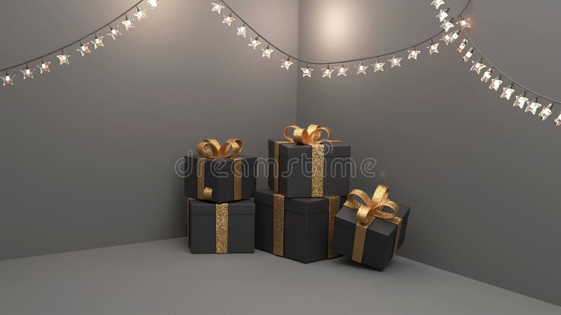 3D Render of Gift Boxes and Lighting Garland Decorated on Gray Interior ...
