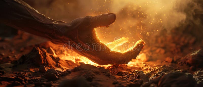 3D Render Gigantic Hand Reaching Out from the Ground Offering a Helping ...