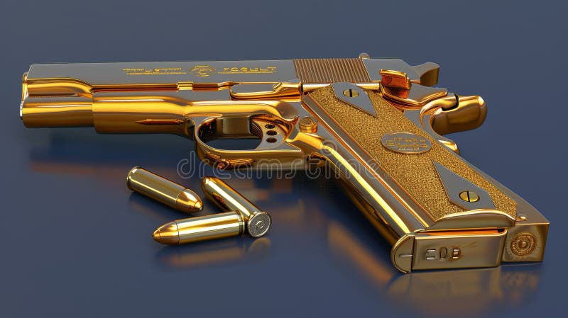 3d Render of Gilded Gift Pistol with Bullets on Dark Blue Background ...