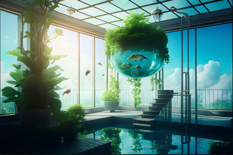 3D Render of a Glass Aquarium with a Green Plant Inside. Stock ...