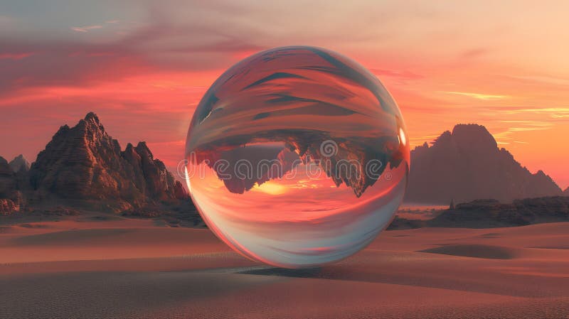 3D Render of Glass Sphere with Desert Landscape and Sunset Sky Stock Illustration - Illustration ...