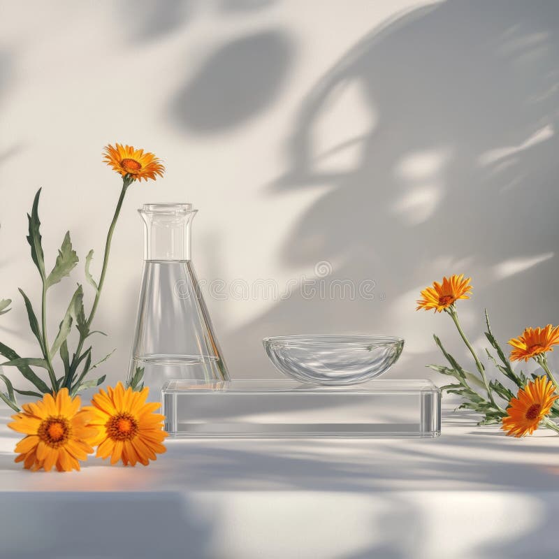 3d Render, Glass Vase with Calendula Flowers on a White Background ...