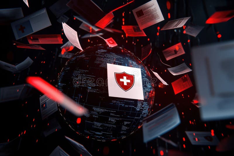 3D Render of Globe Surrounded by Digital Documents with Red Highlights ...