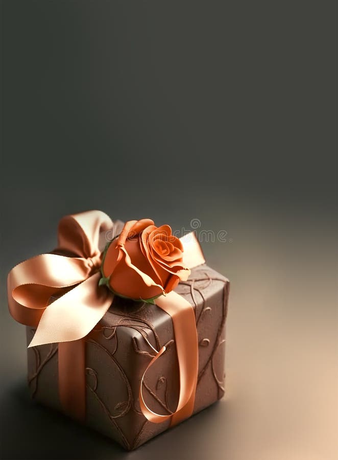 3D Render of Glossy Bronze Gift Box with Orange Rose Stock Illustration ...