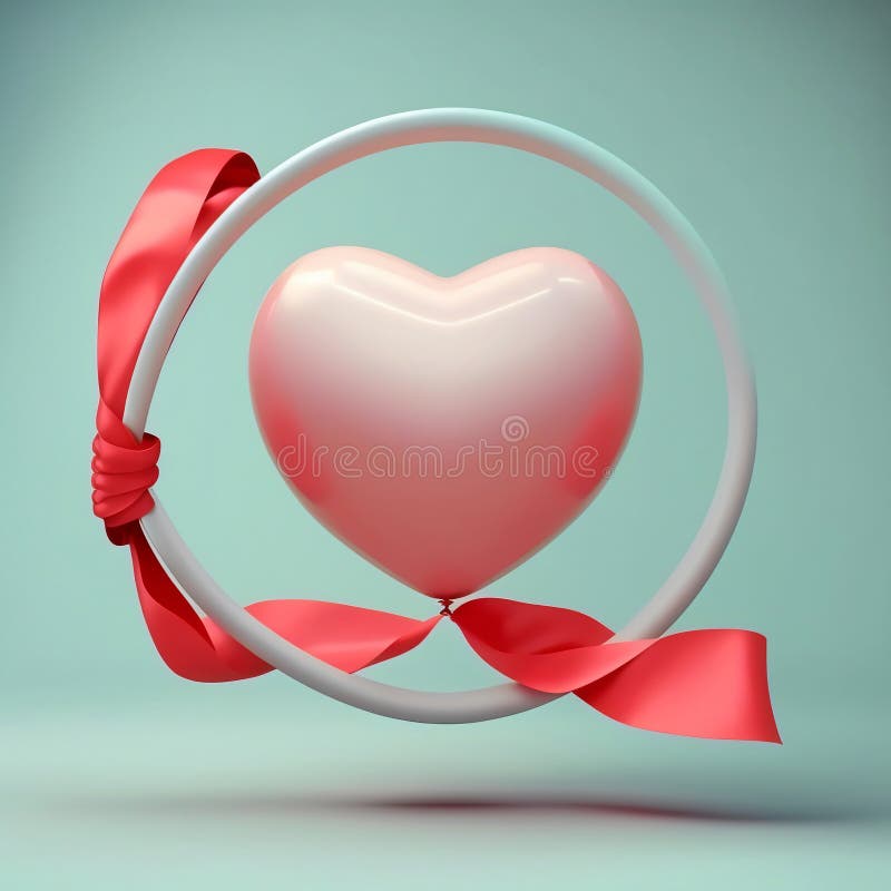 3D Render Glossy Heart Shape Balloon Tied with Ribbon in Circular Stock ...